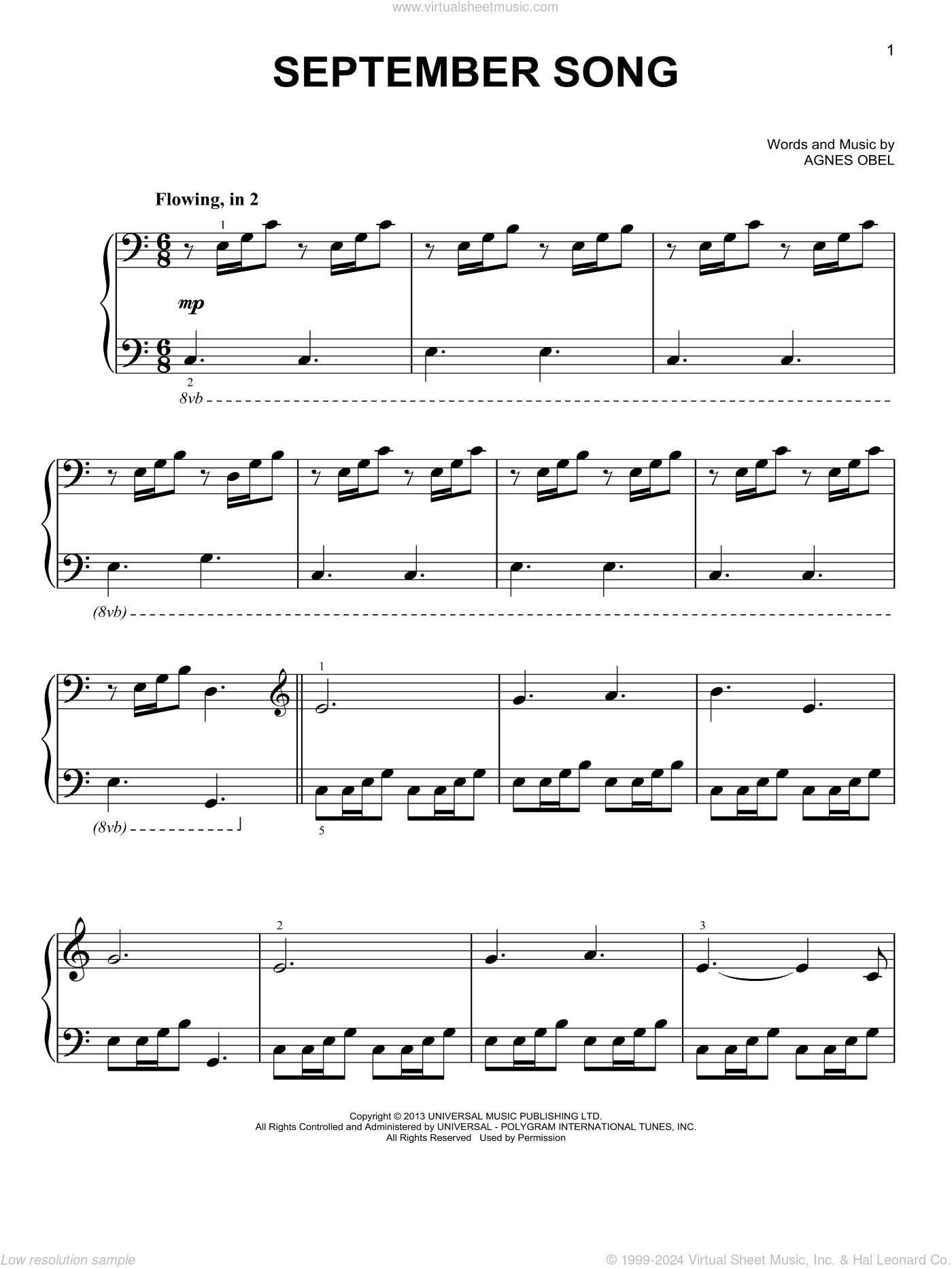September Song, (easy) sheet music for piano solo (PDF)
