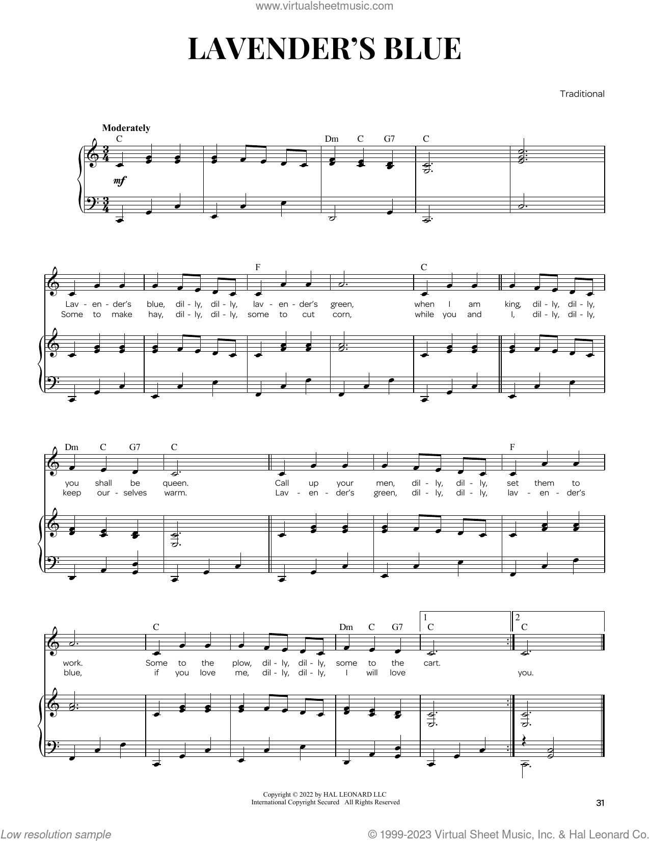 Lavender's Blue sheet music for voice and piano (PDF)