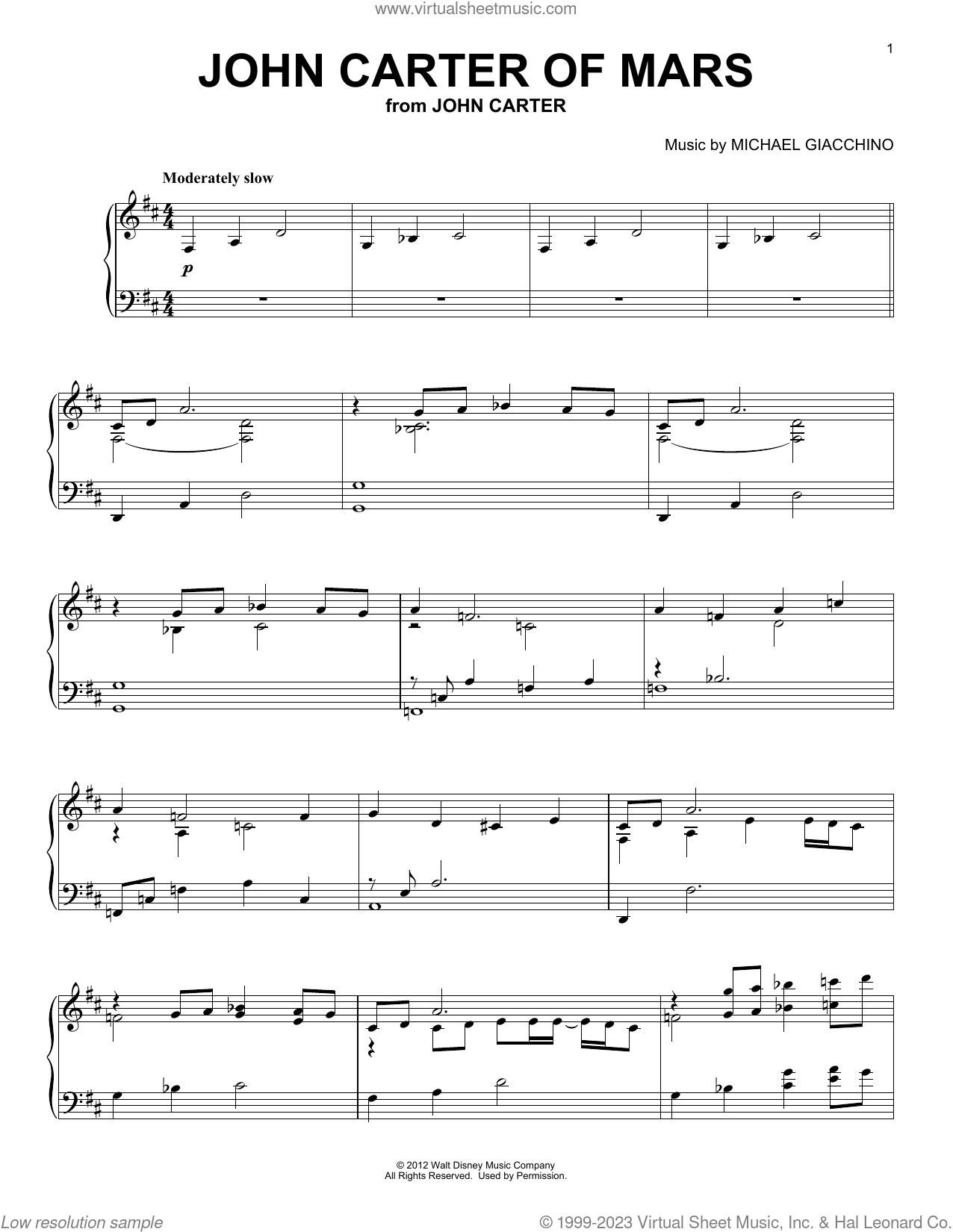 John Carter Of Mars (from John Carter) sheet music for piano solo