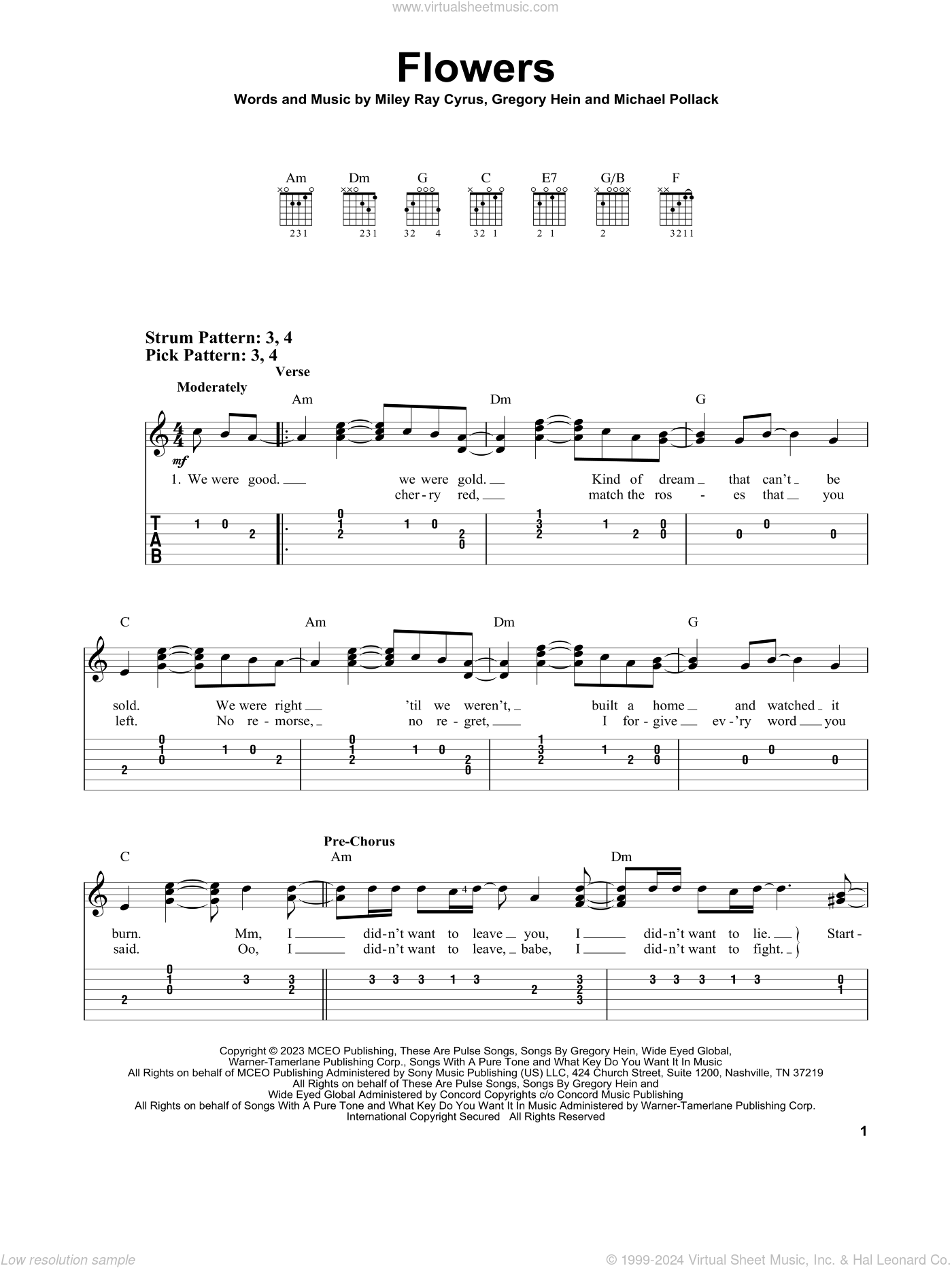 Flowers sheet music for guitar solo (easy tablature) (PDF)