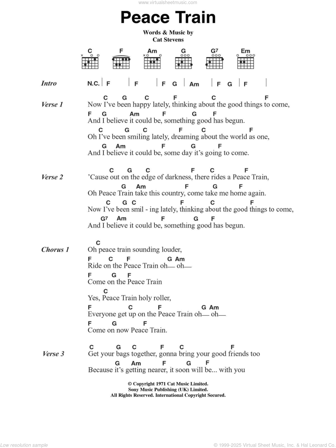 Peace Train sheet music for guitar (chords) (PDF)