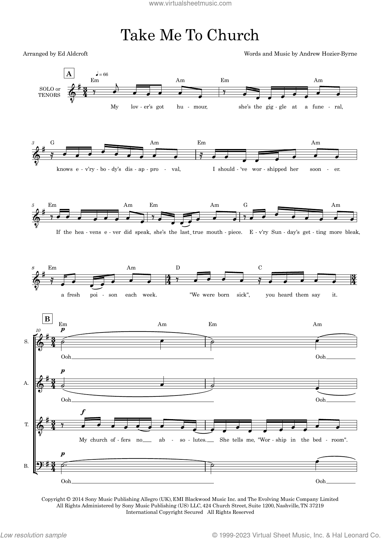 Take Me To Church (arr. Ed Aldcroft) sheet music for choir (SATB ...