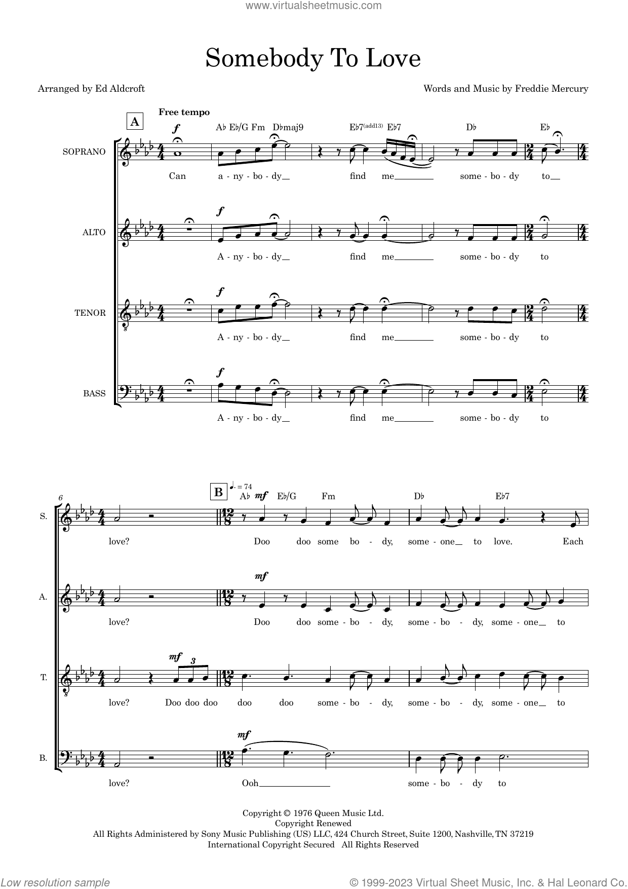 Somebody To Love Arr Ed Aldcroft Sheet Music For Choir Satb