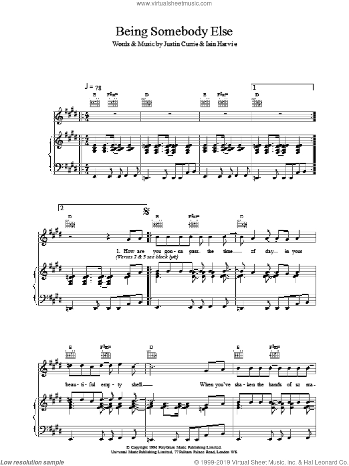 Being Somebody Else sheet music for voice, piano or guitar (PDF)
