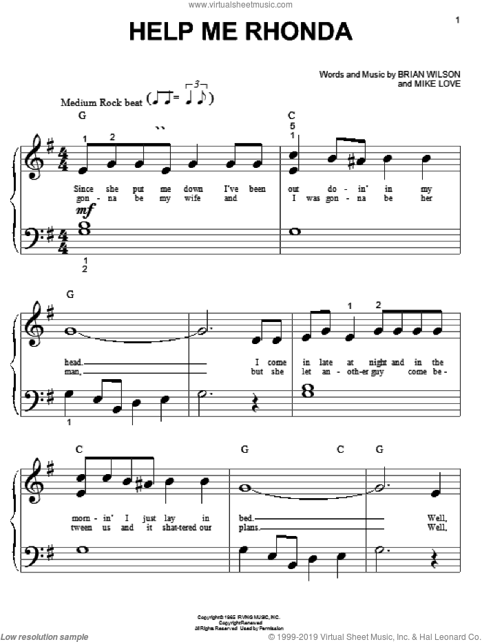 Help Me Rhonda sheet music for piano solo (big note book) (PDF)