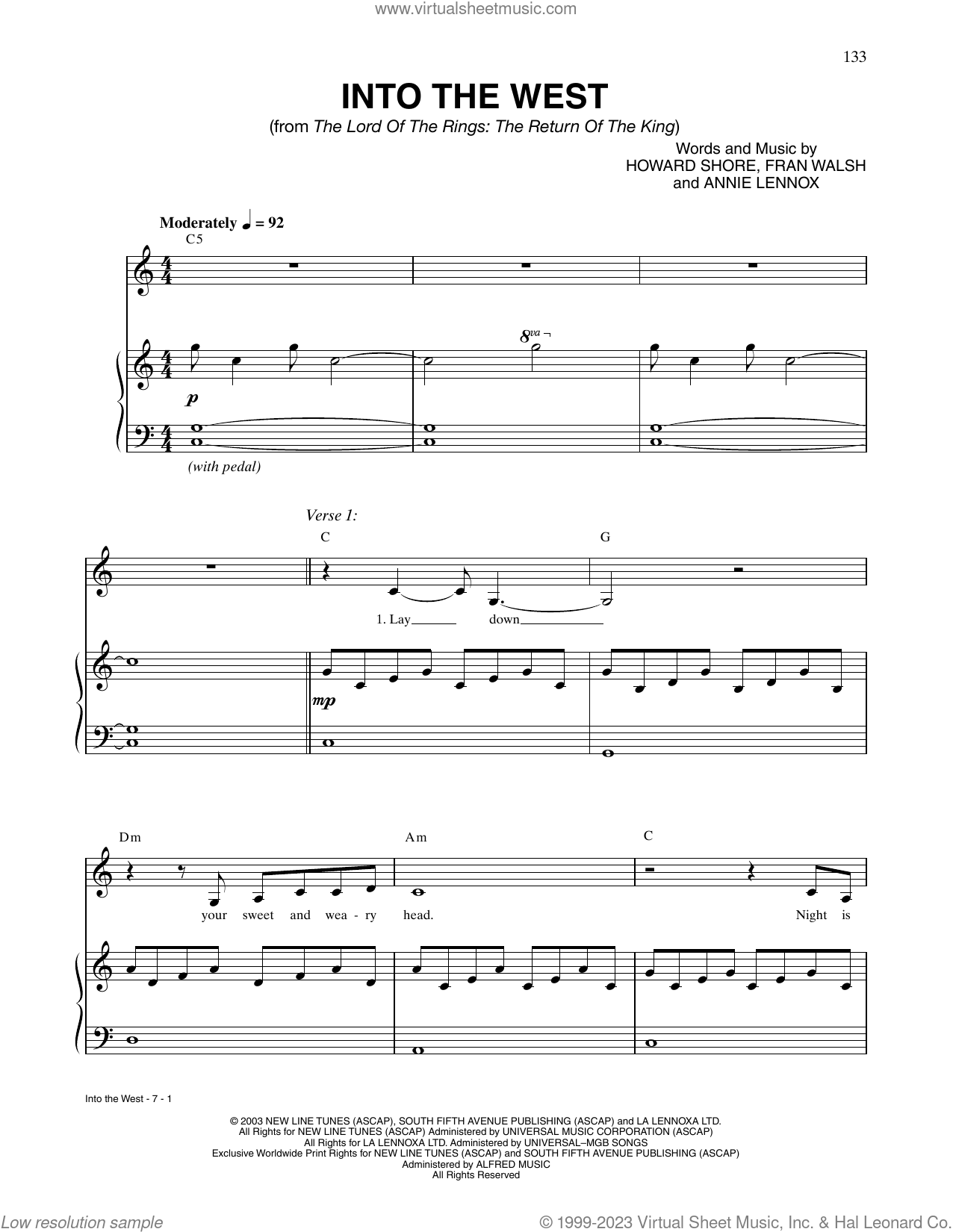 Into The West (from Lord Of The Rings: The Return Of The King) sheet ...