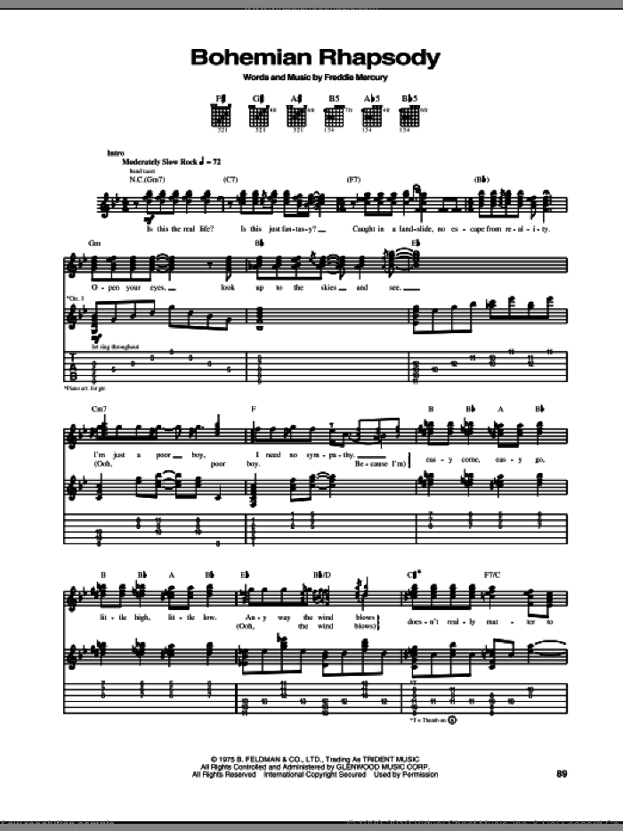 Bohemian Rhapsody sheet music for guitar (tablature) v3