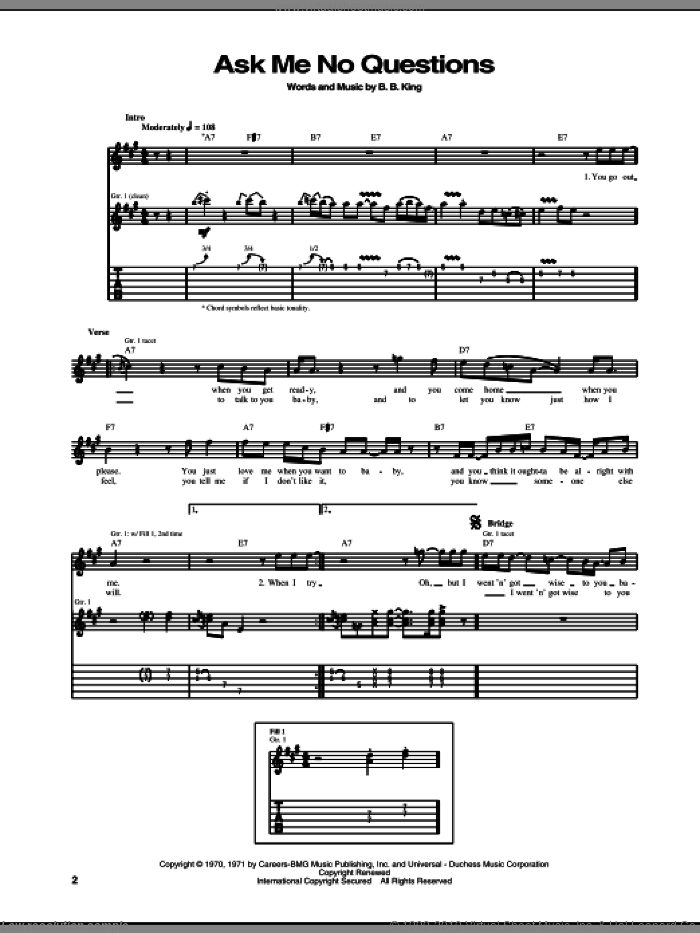 B.B. King: Ask Me No Questions sheet music for guitar (tablature)