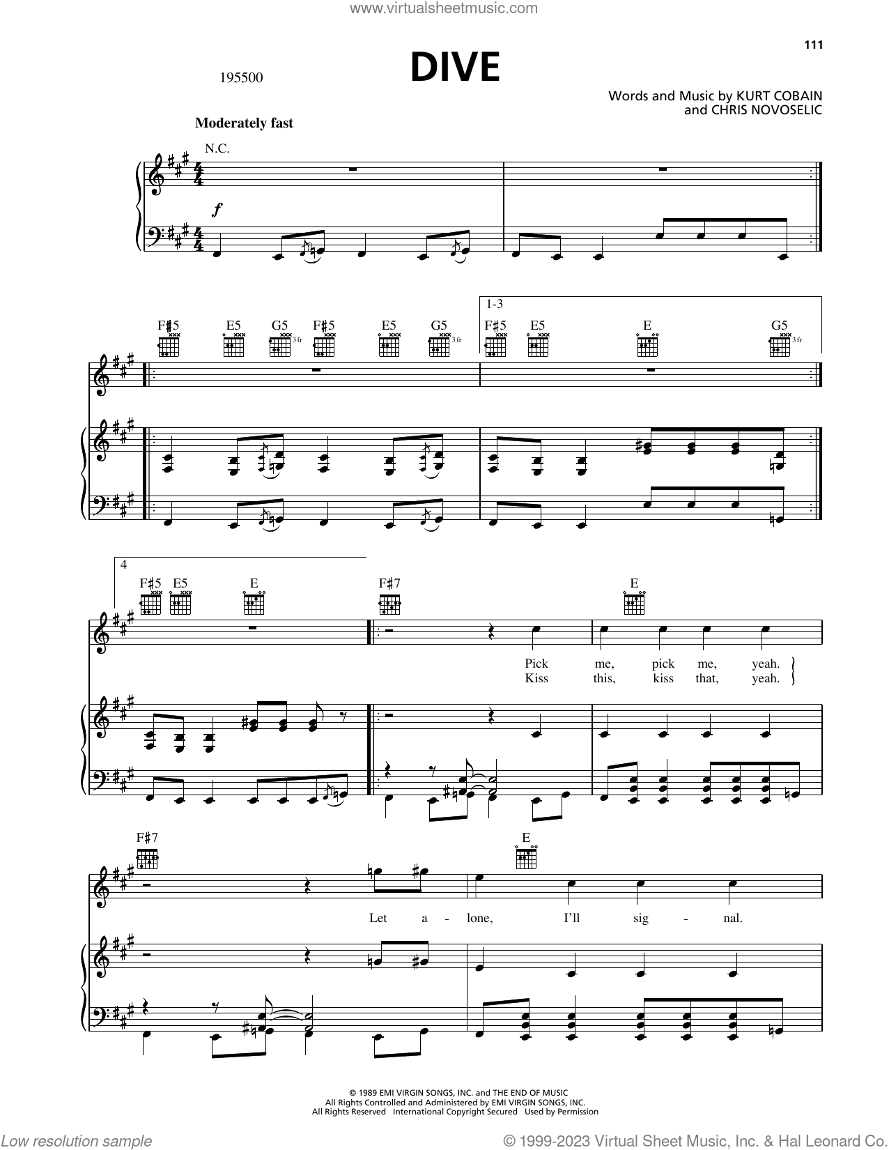 Nirvana: Dive sheet music for voice, piano or guitar (PDF)