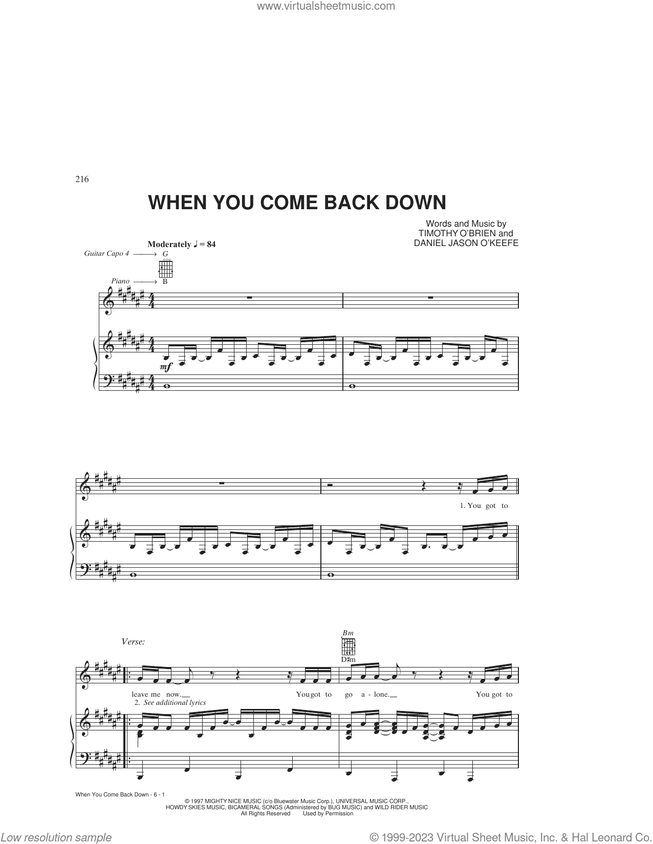 When You Come Back Down sheet music for voice, piano or guitar