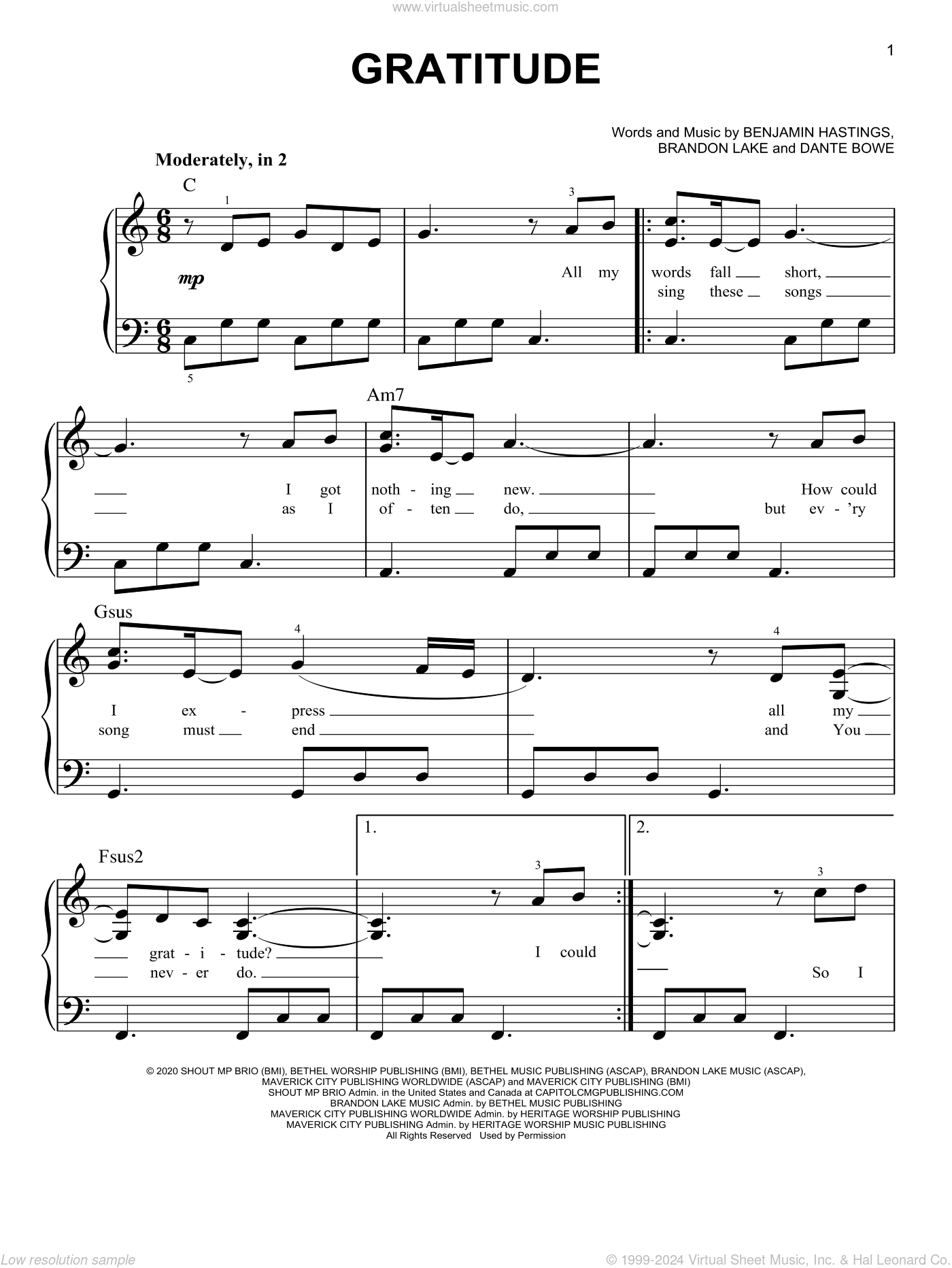 Brandon Lake: Gratitude sheet music for piano solo (PDF)