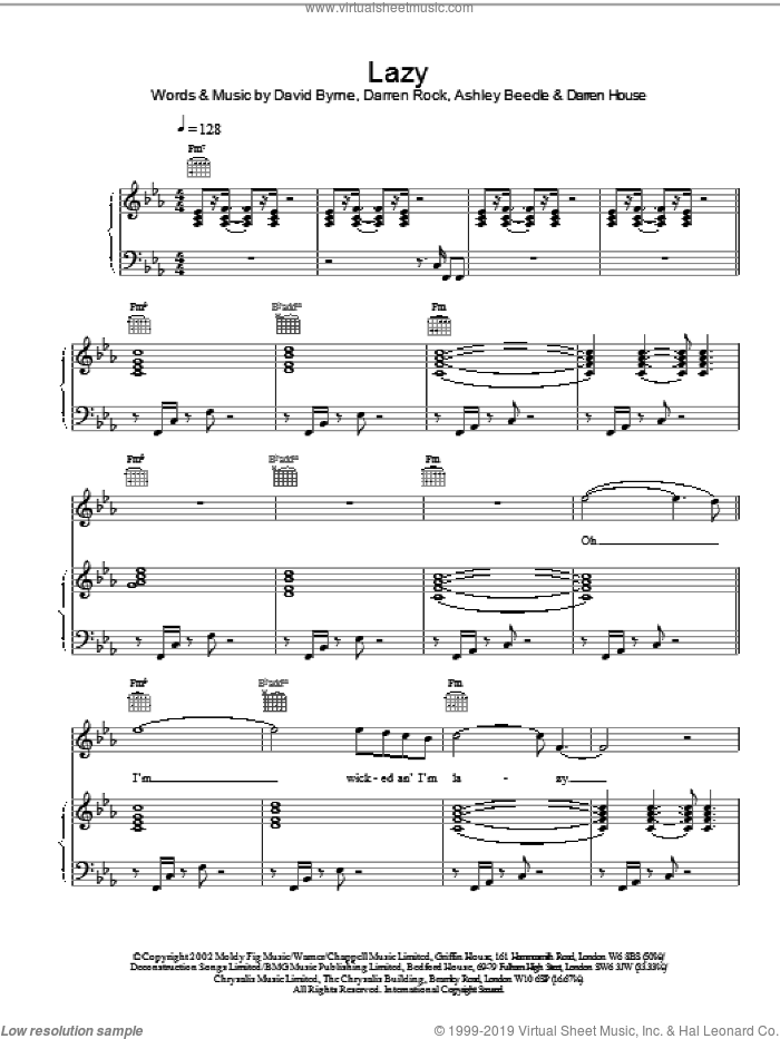 Lazy sheet music for voice, piano or guitar (PDF)
