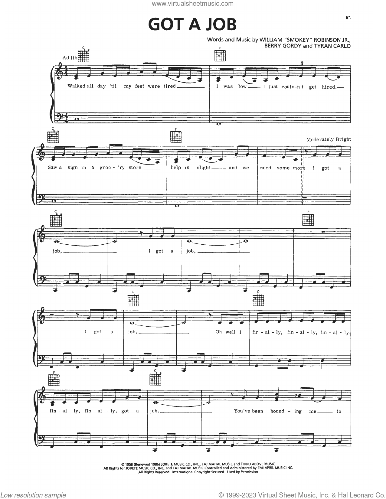Got A Job sheet music for voice, piano or guitar (PDF)