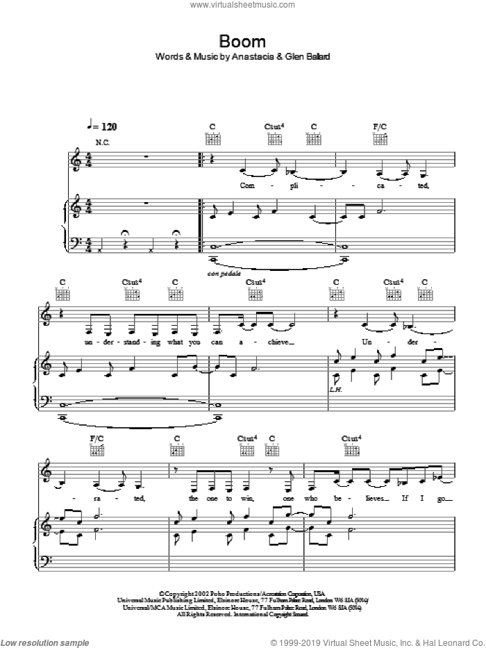 Anastacia: Boom sheet music for voice, piano or guitar (PDF)