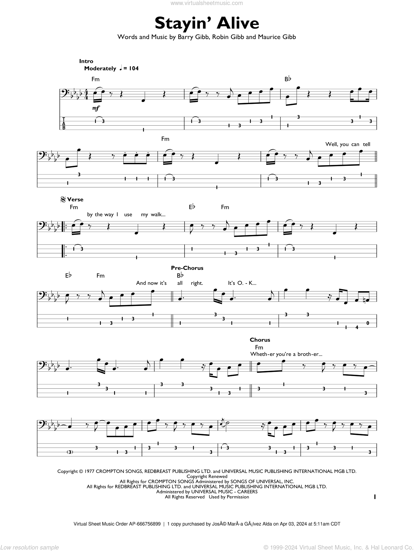 Stayin' Alive sheet music for bass solo (PDF)