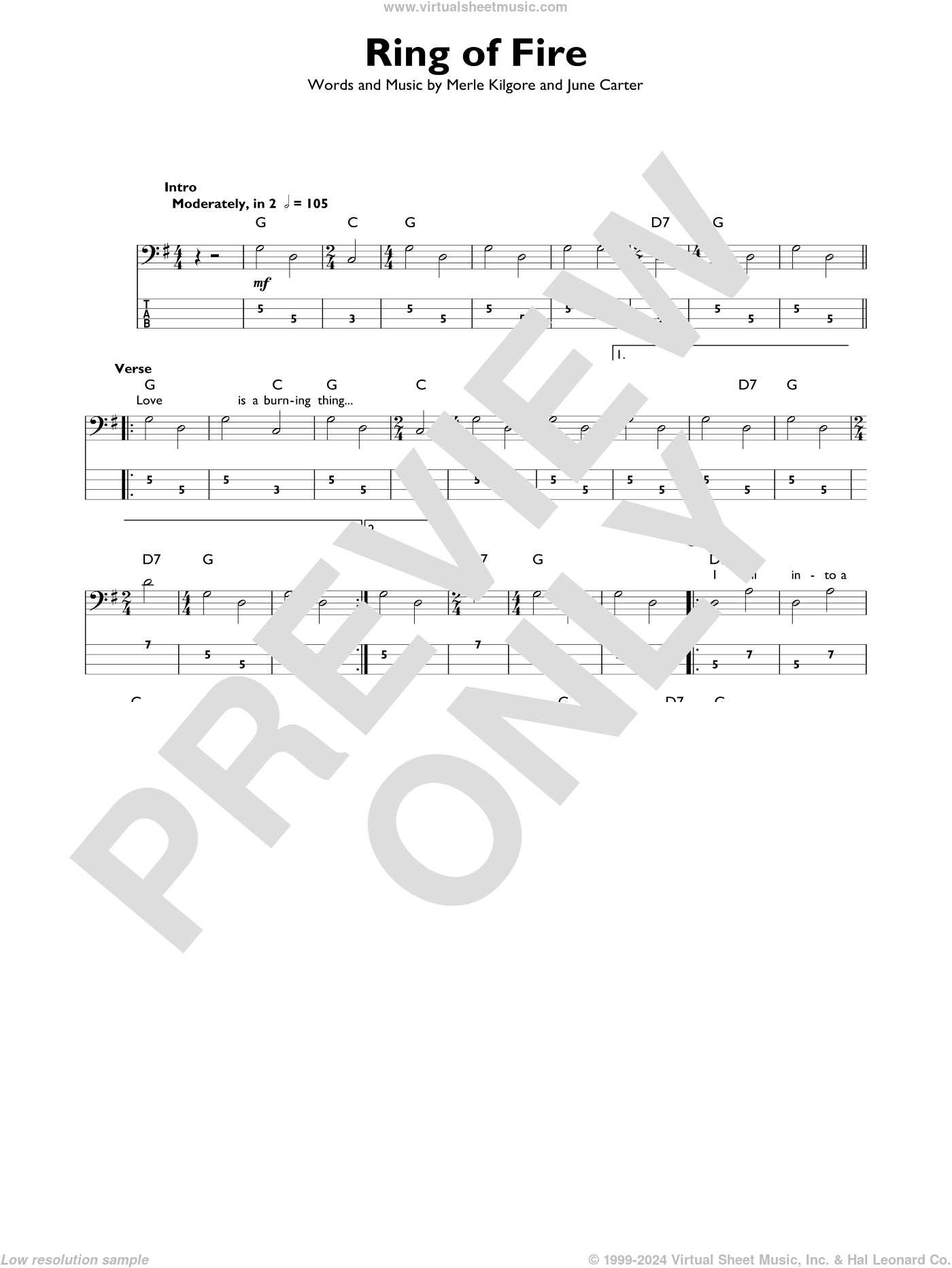 Ring Of Fire sheet music for bass solo (PDF)