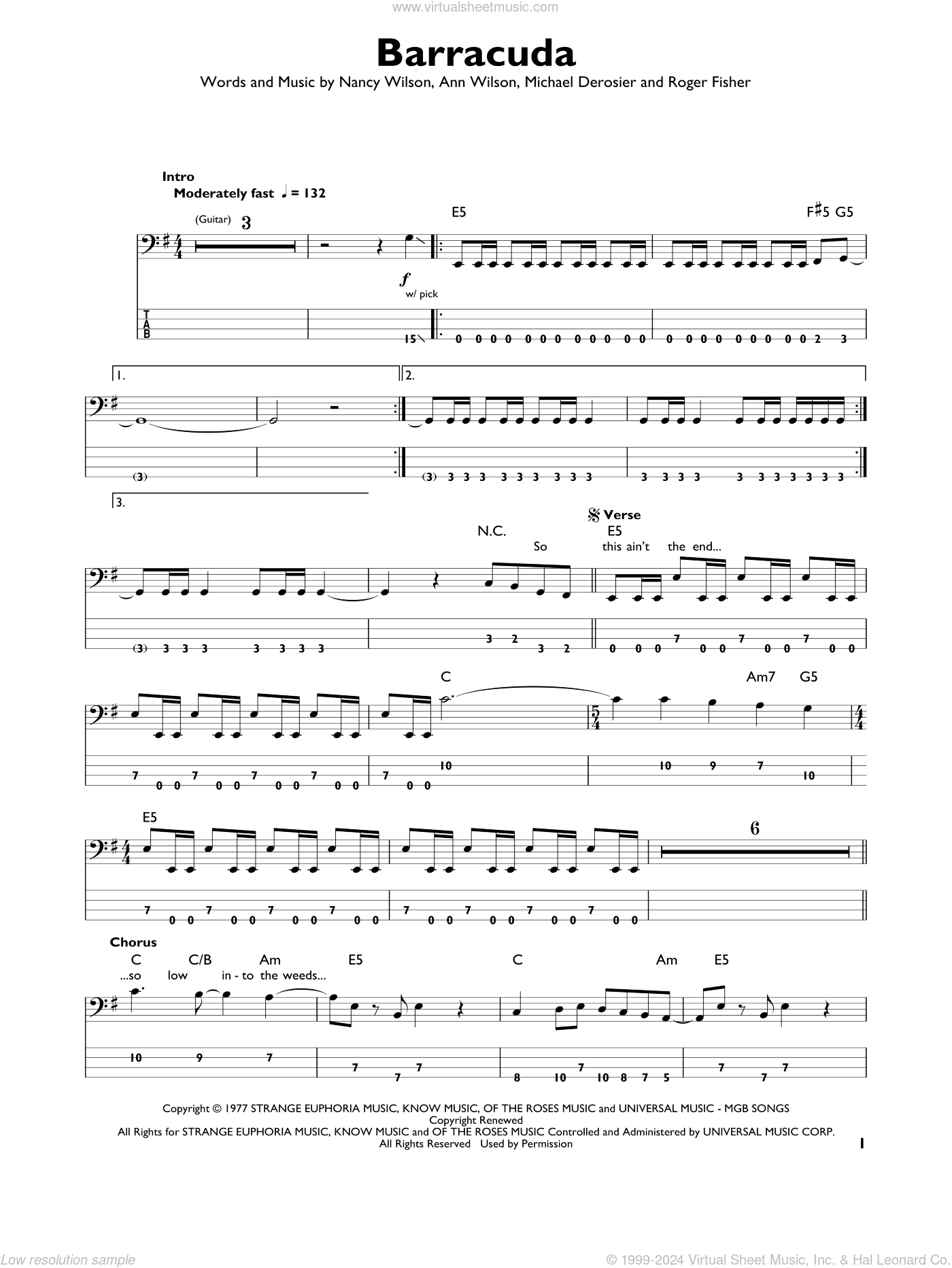Barracuda sheet music for bass solo (PDF)