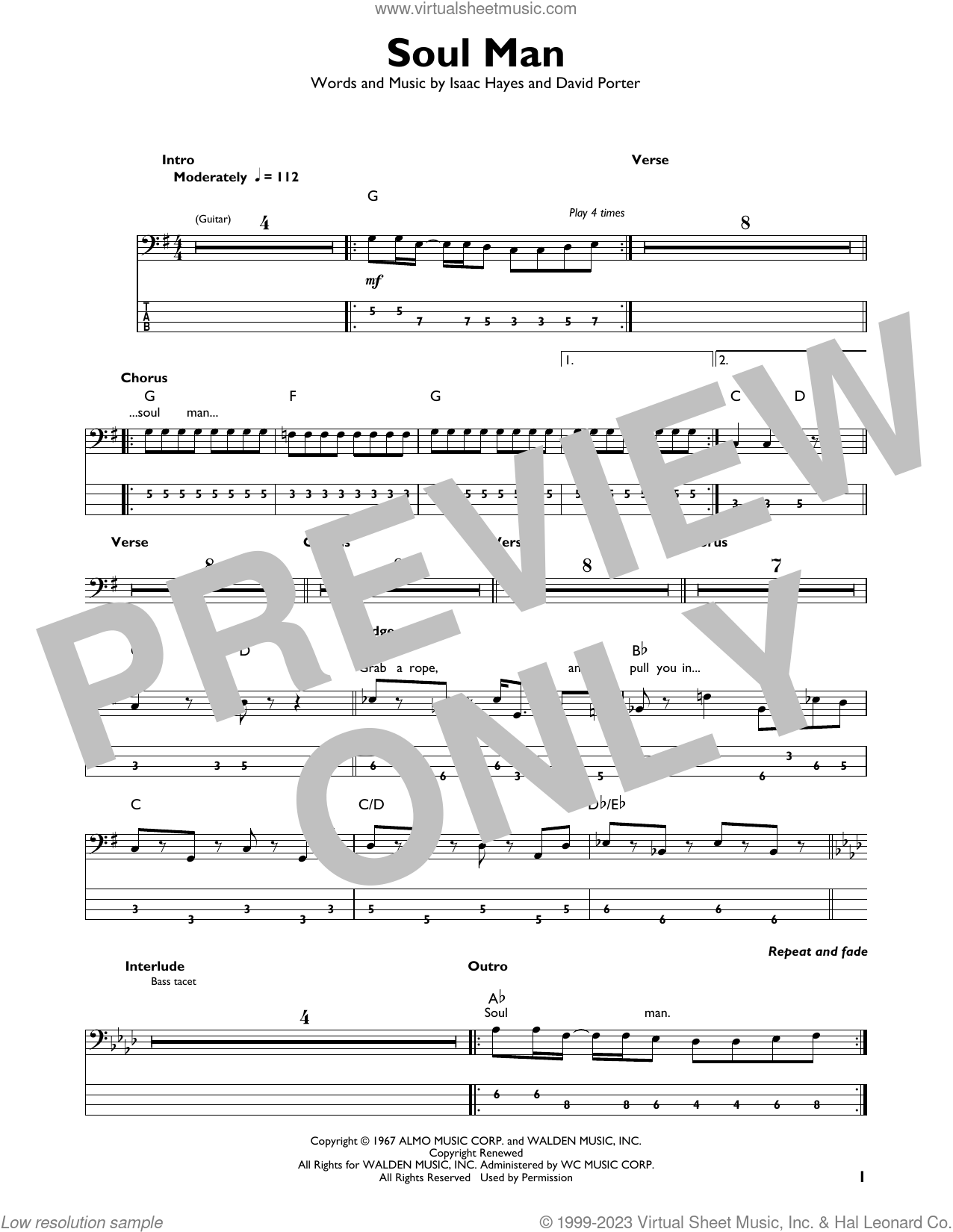 Soul Man sheet music for bass solo (PDF)