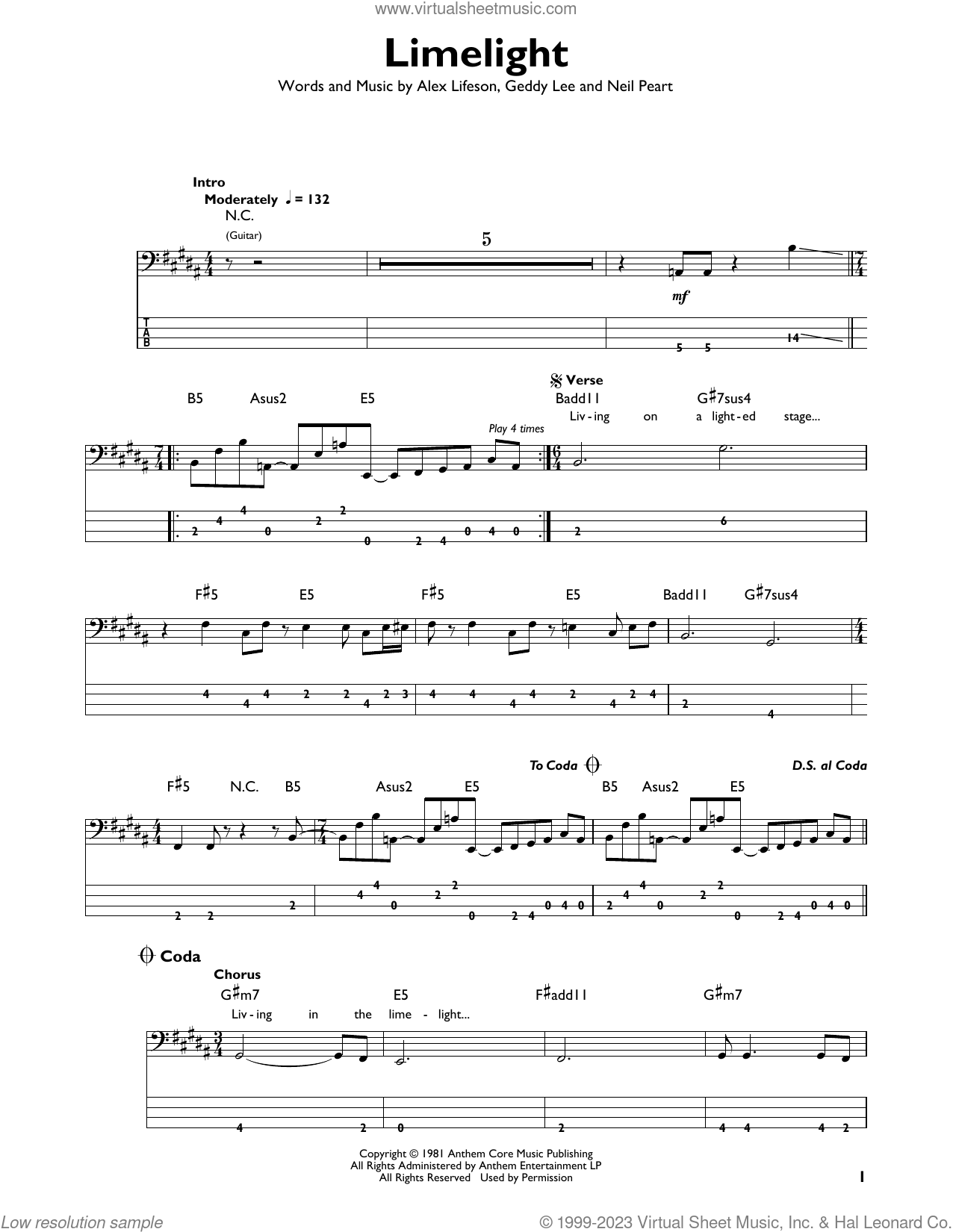 Limelight sheet music for bass solo (PDF)