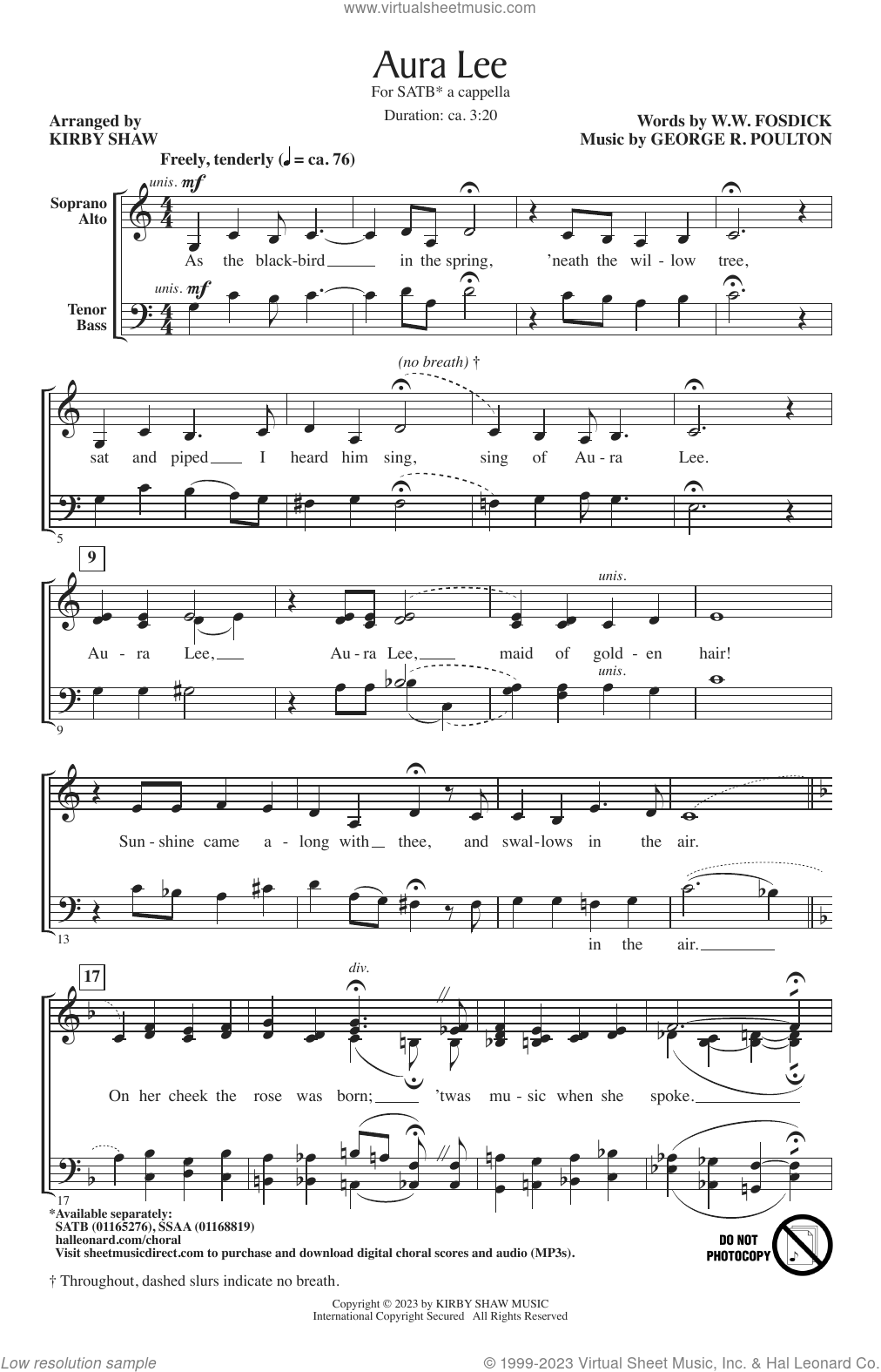 Aura Lee (arr. Kirby Shaw) sheet music for choir (SATB: soprano, alto ...