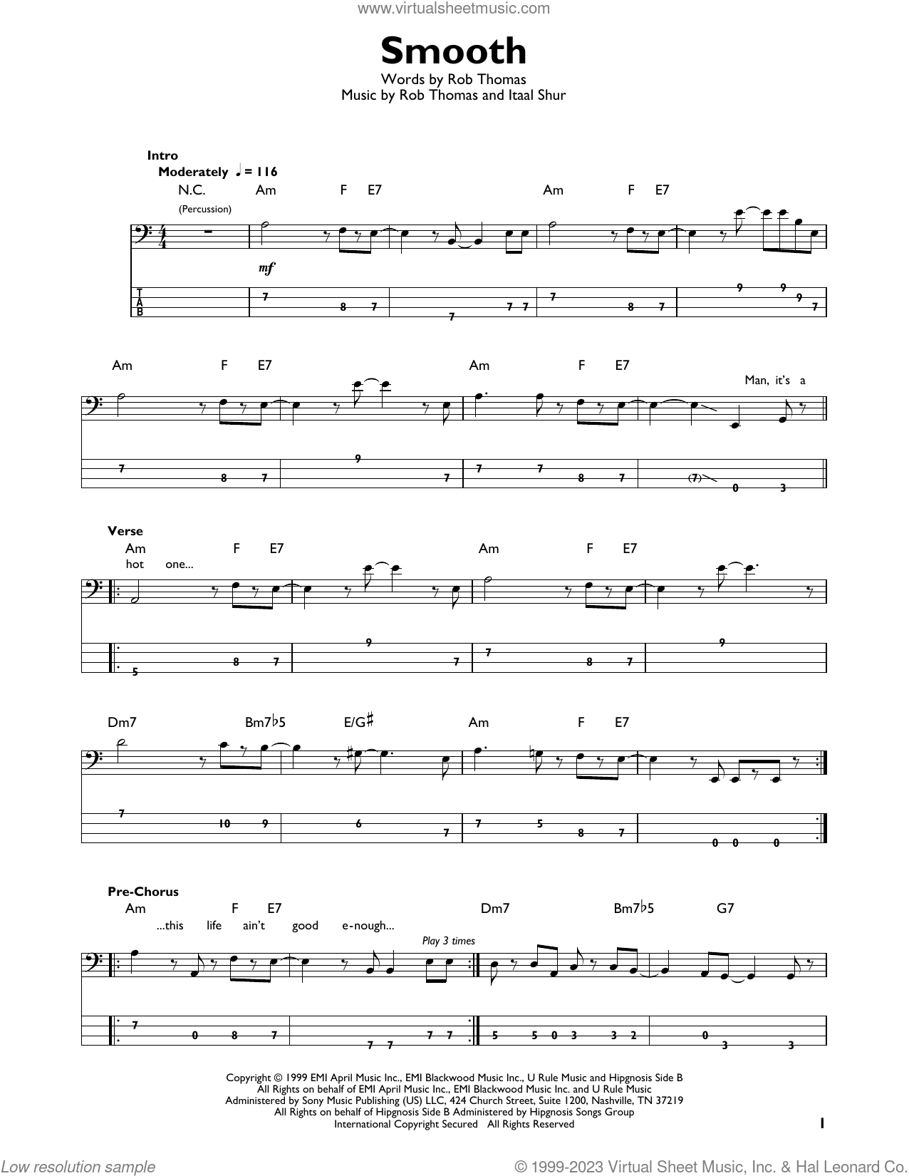 Smooth (feat. Rob Thomas) sheet music for bass solo (PDF)
