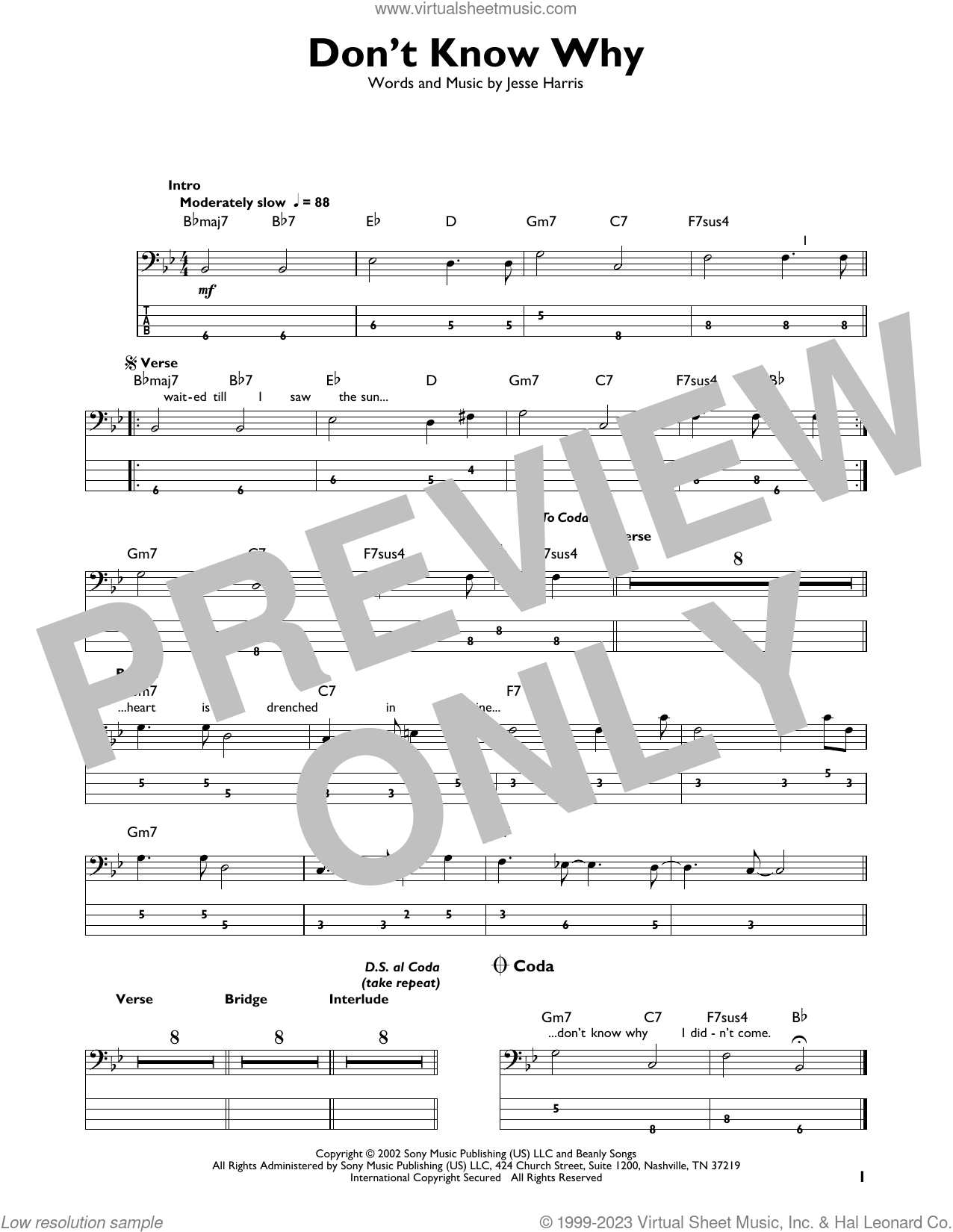 Don't Know Why sheet music for bass solo (PDF)