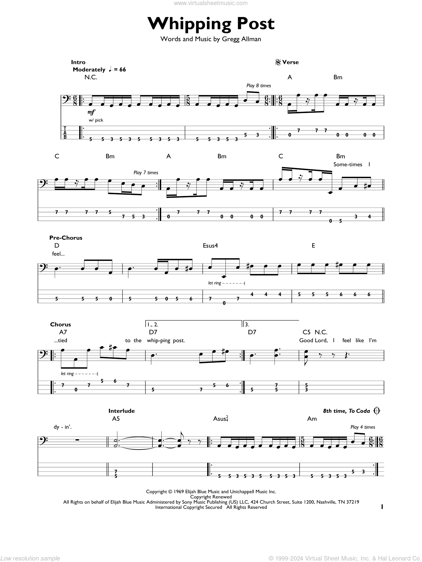 Whipping Post sheet music for bass solo (PDF)