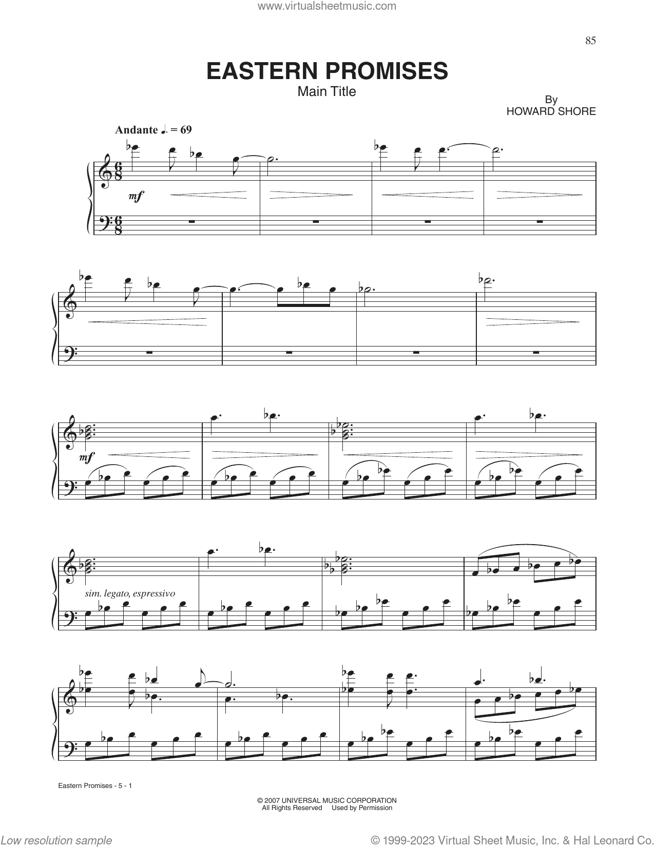 Eastern Promises sheet music for piano solo (PDF)