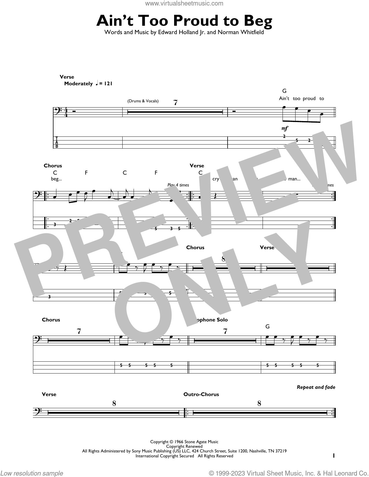 Ain't Too Proud To Beg sheet music for bass solo (PDF)