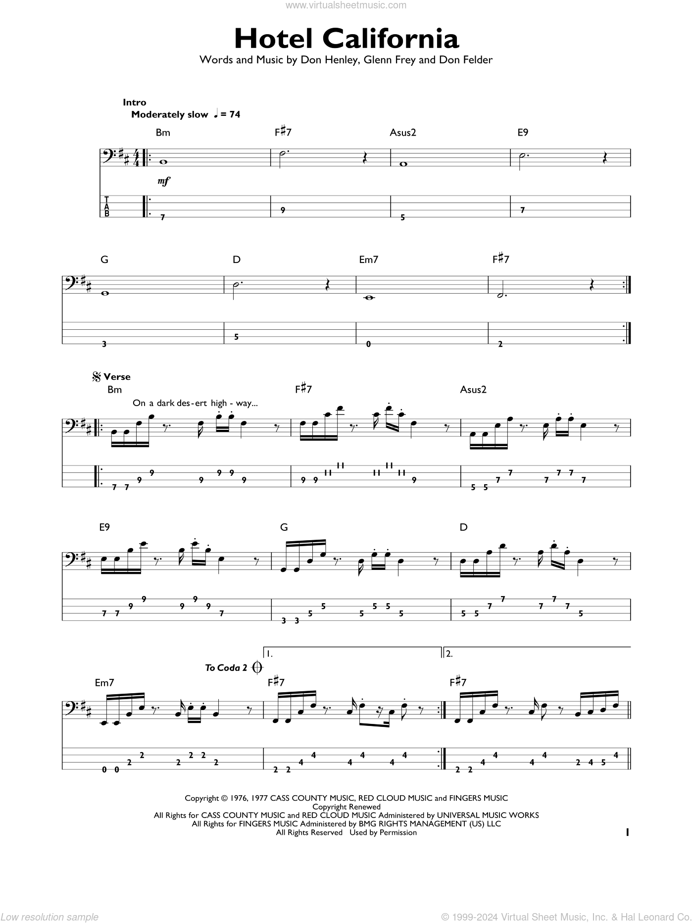 Hotel California sheet music for bass solo (PDF)