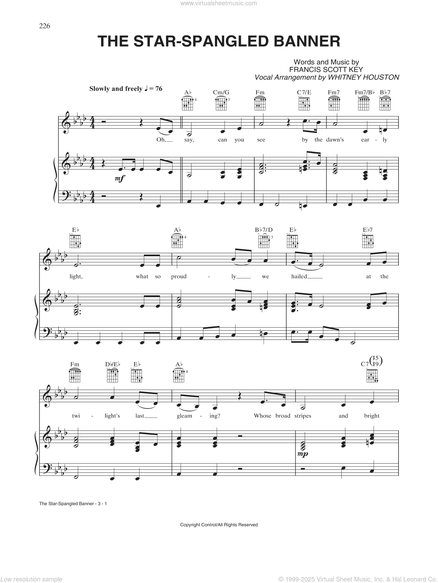 Whitney Houston: The Star-Spangled Banner sheet music for voice, piano ...
