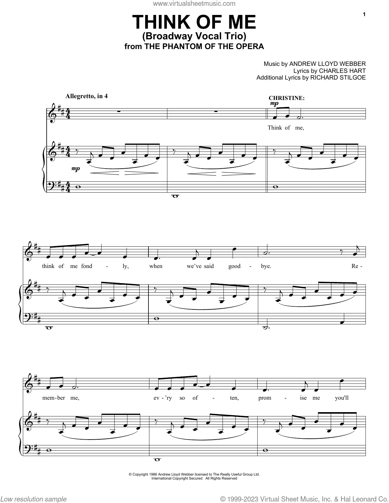 Think Of Me (from Phantom Of The Opera) (Trio) sheet music for voice ...