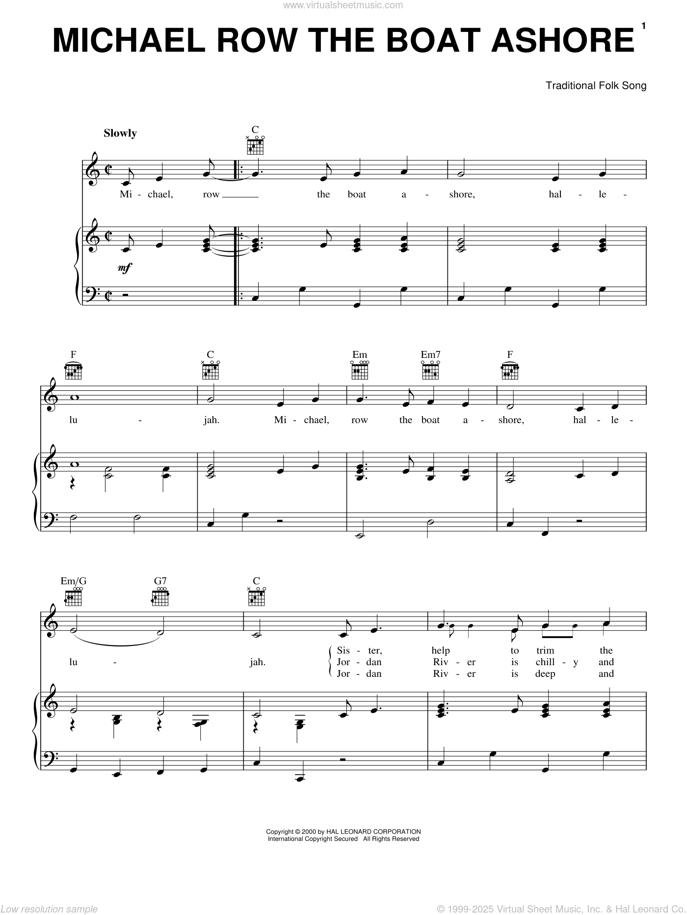 Michael Row The Boat Ashore sheet music for voice, piano or guitar