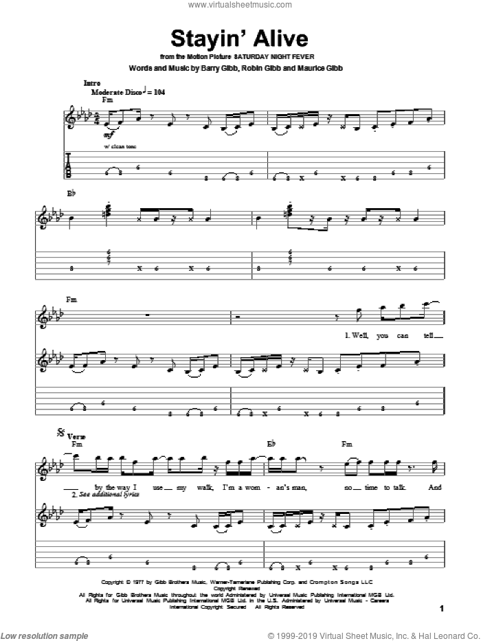 Stayin' Alive sheet music for guitar (tablature, play-along)