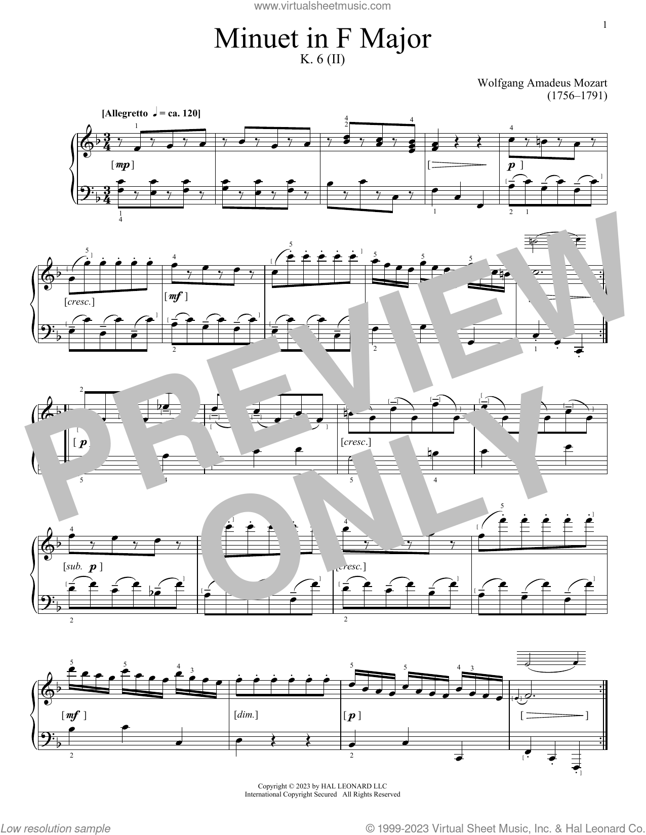 Minuet in F Major, K. 6 (II) sheet music for piano solo (PDF)