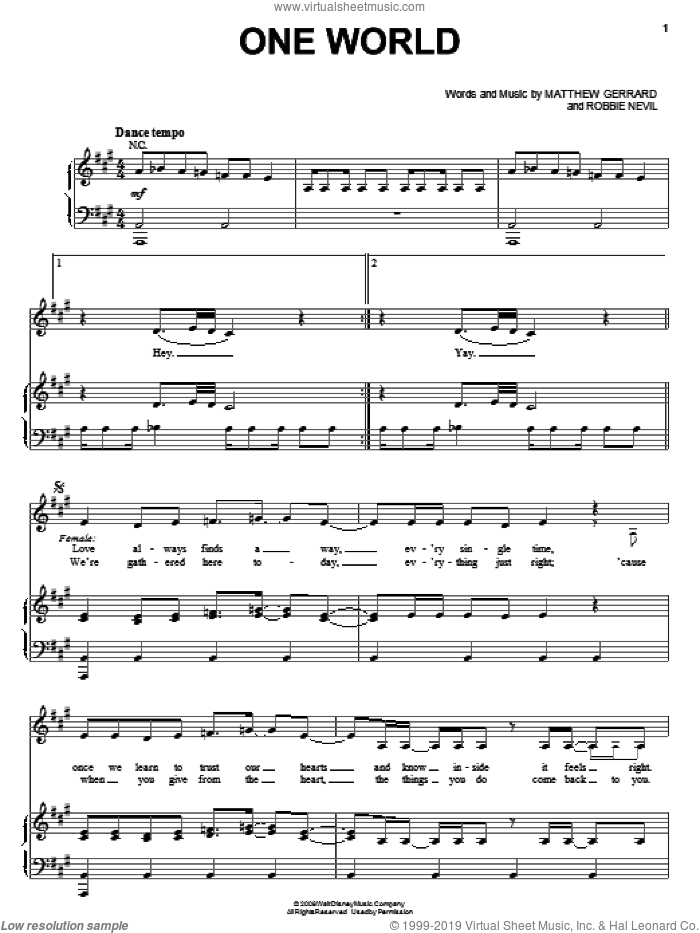 One World sheet music for voice, piano or guitar (PDF)