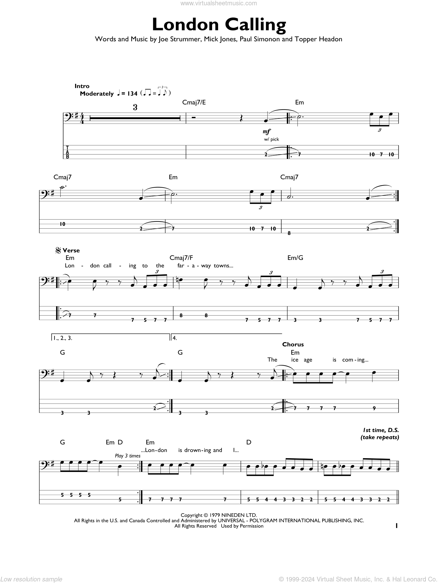London Calling sheet music for bass solo (PDF)