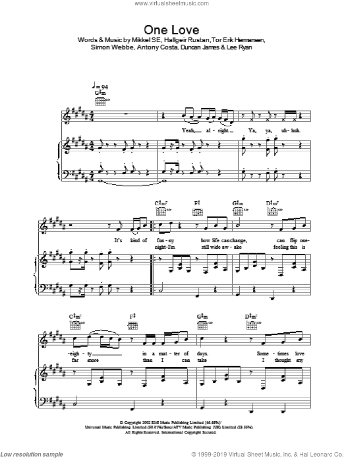 One Love sheet music for voice, piano or guitar (PDF)