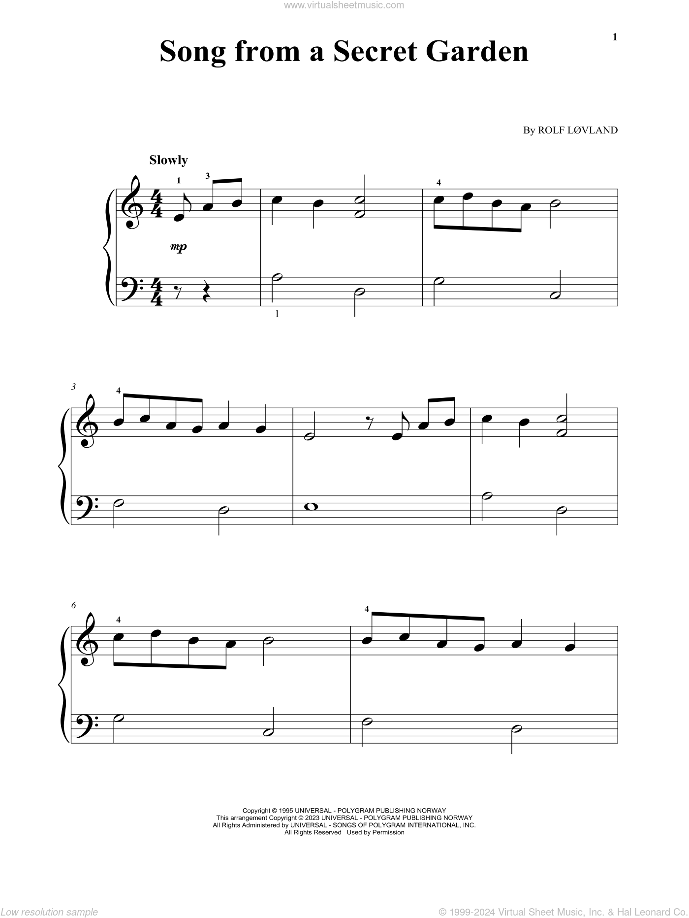 Song From A Secret Garden, (beginner) sheet music for piano solo