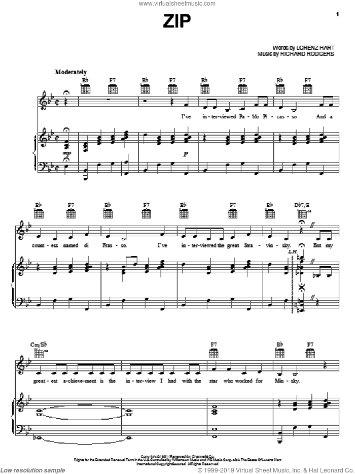 Zip sheet music for voice, piano or guitar (PDF-interactive)