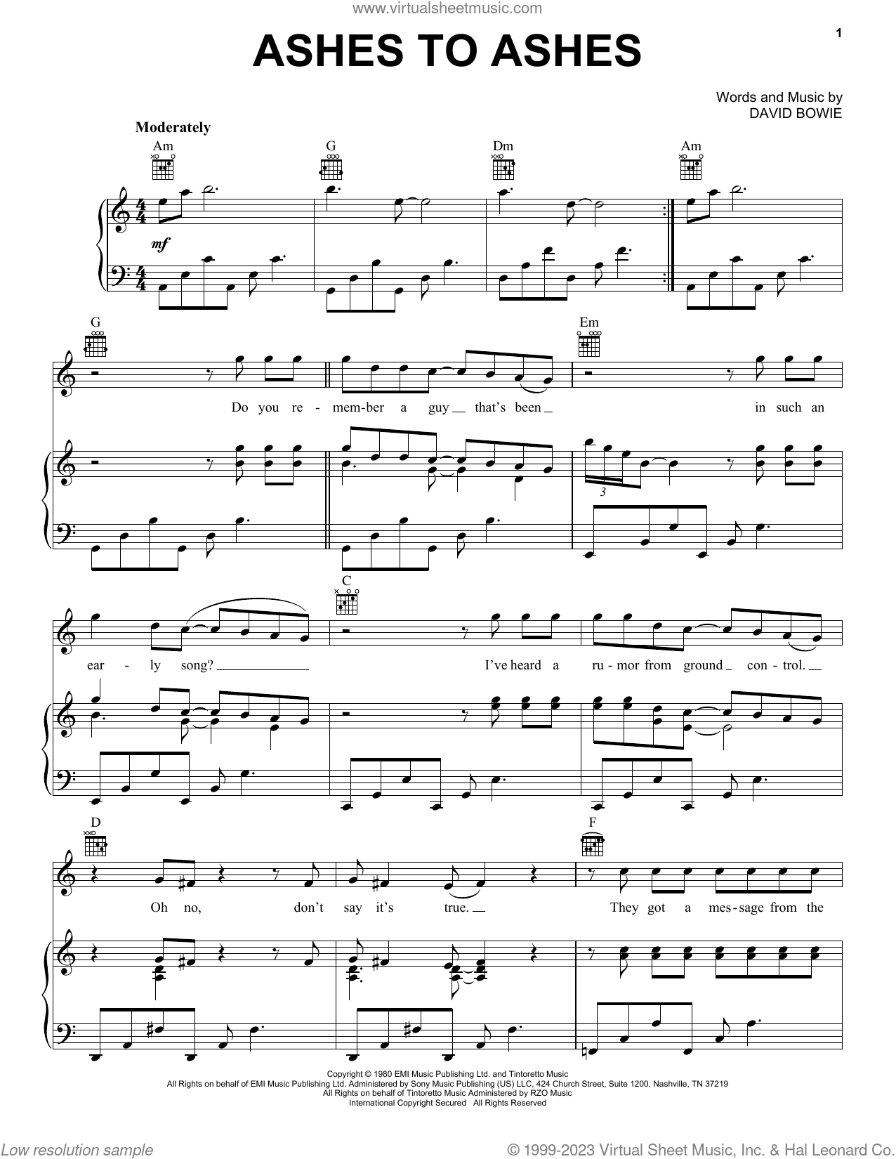 Ashes To Ashes sheet music for voice, piano or guitar (PDF)