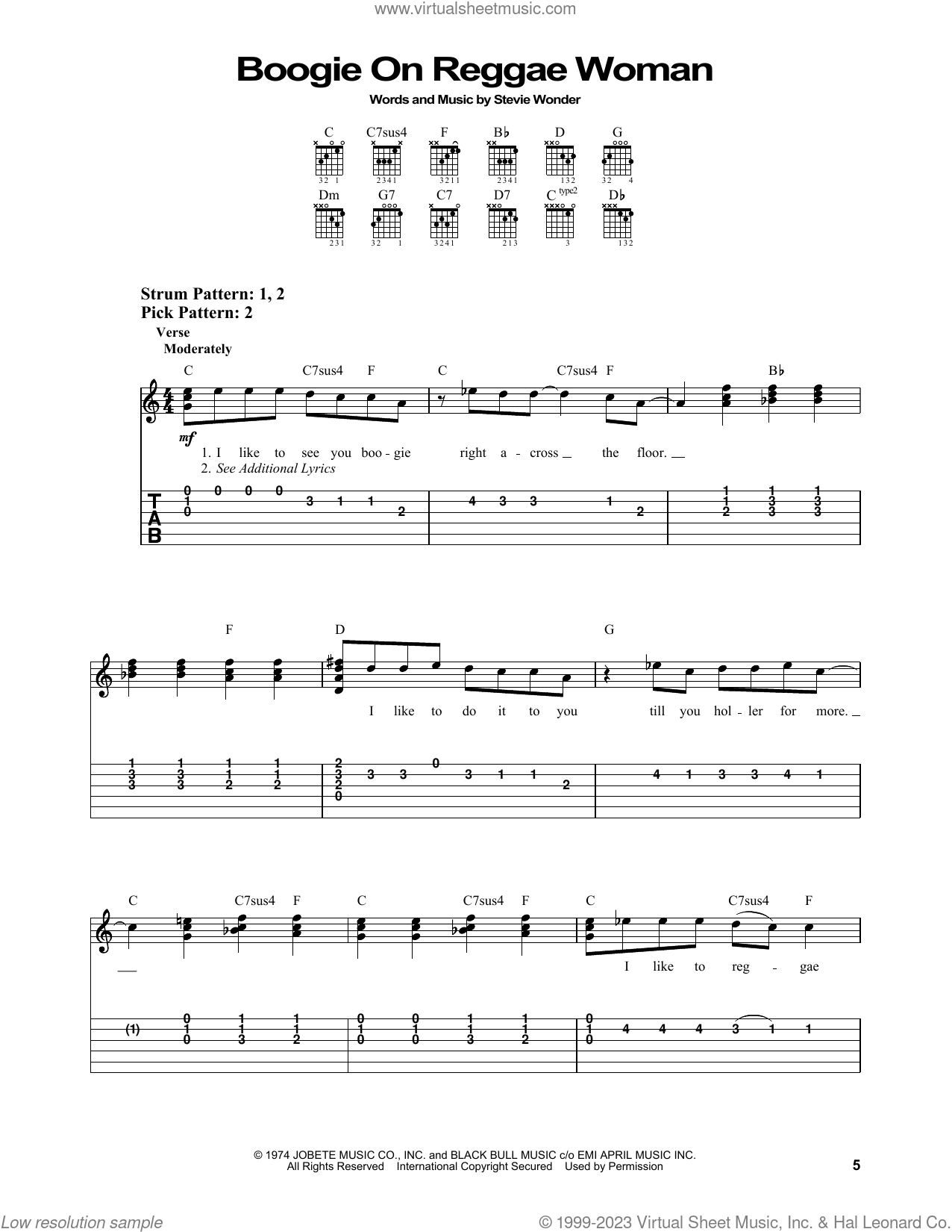 Boogie On Reggae Woman sheet music for guitar solo (easy tablature)