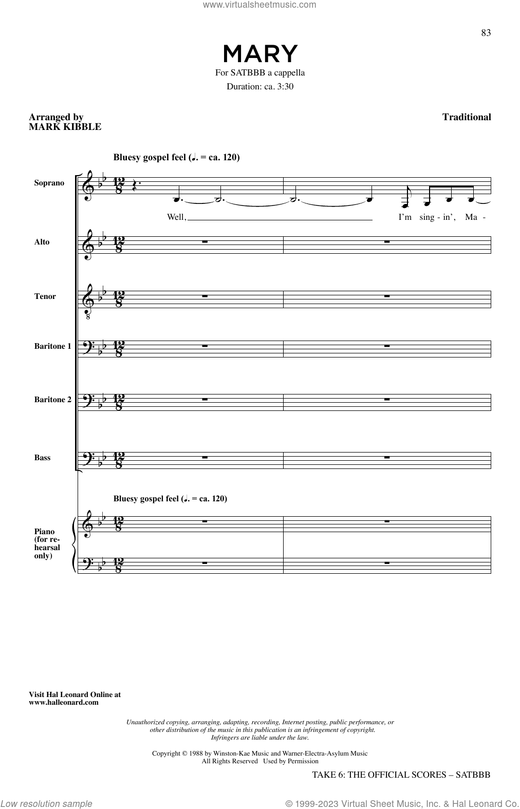 Mary sheet music for choir (SATBBB) (PDF)
