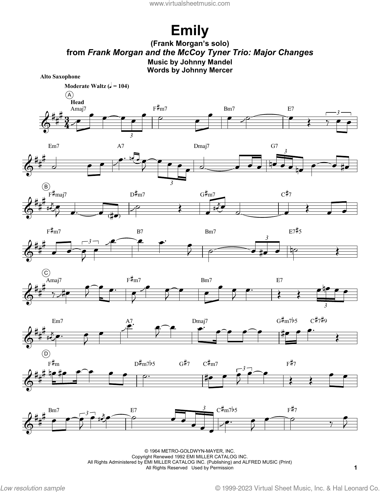 Emily sheet music for alto saxophone (transcription) (PDF)