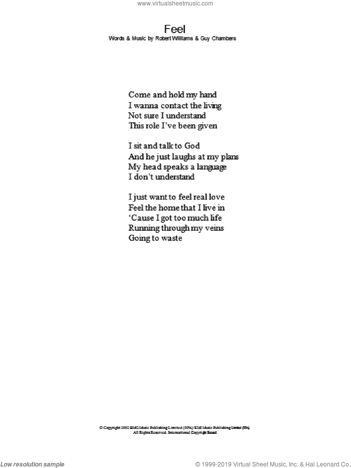 Feel sheet music for voice and other instruments (lyrics only)