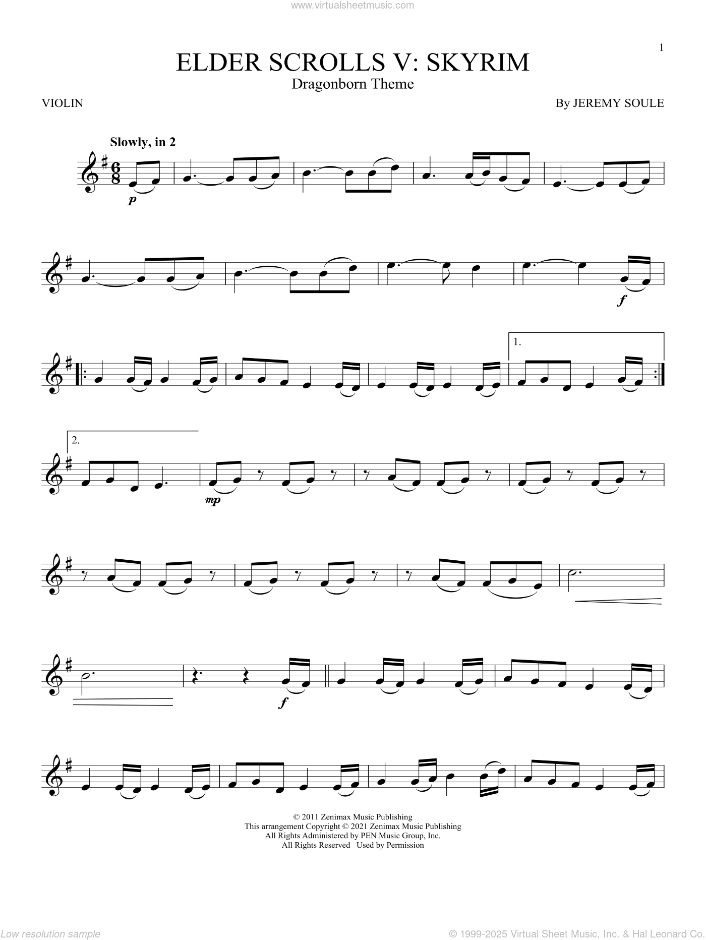 Jeremy Soule: Dragonborn (Skyrim Theme) sheet music for violin solo