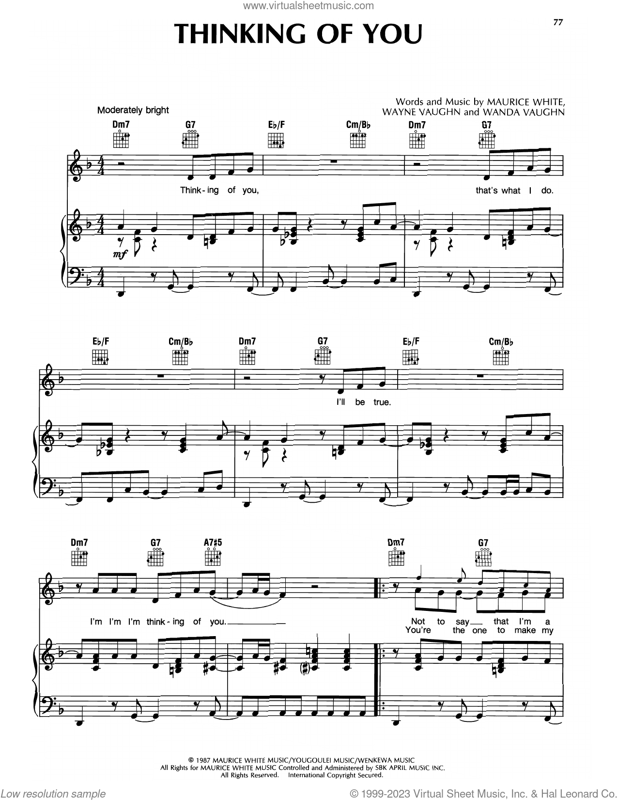 Earth, Wind & Fire: Thinking Of You sheet music for voice, piano or guitar
