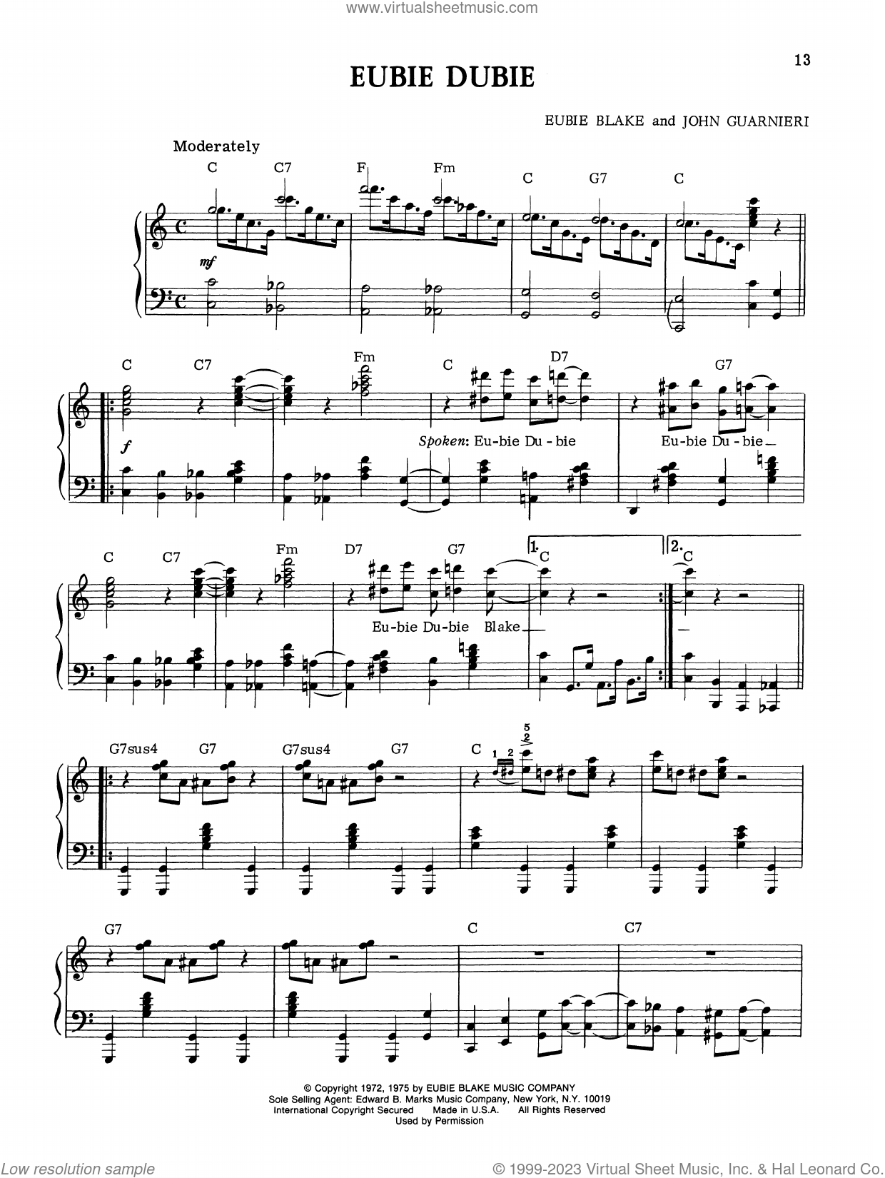 Eubie Dubie sheet music for piano solo (PDF)