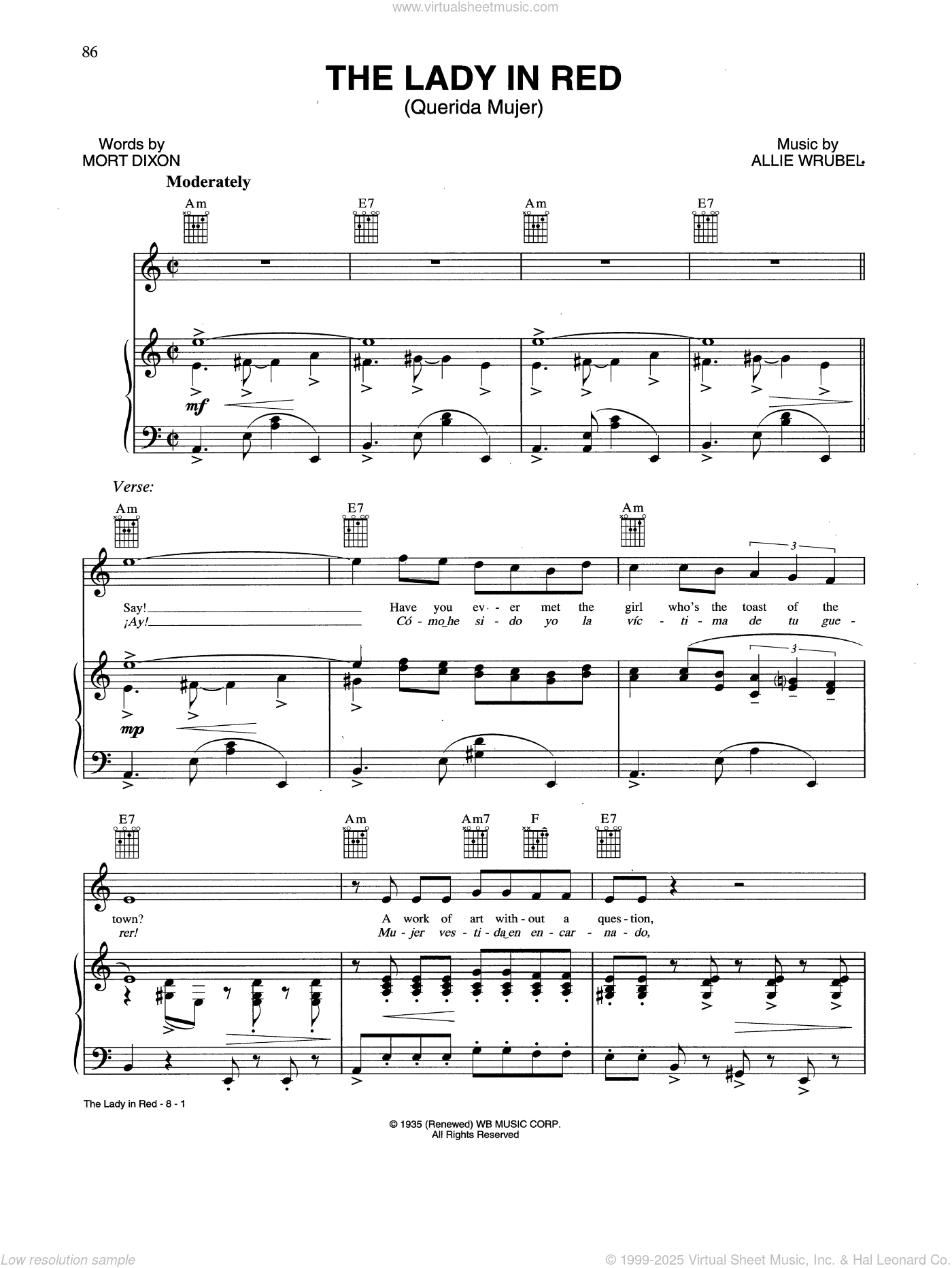 The Lady In Red sheet music for voice, piano or guitar (PDF)