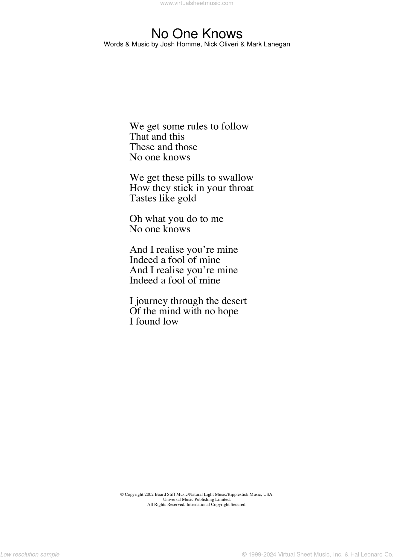 No One Knows sheet music (lyrics only) (PDF)